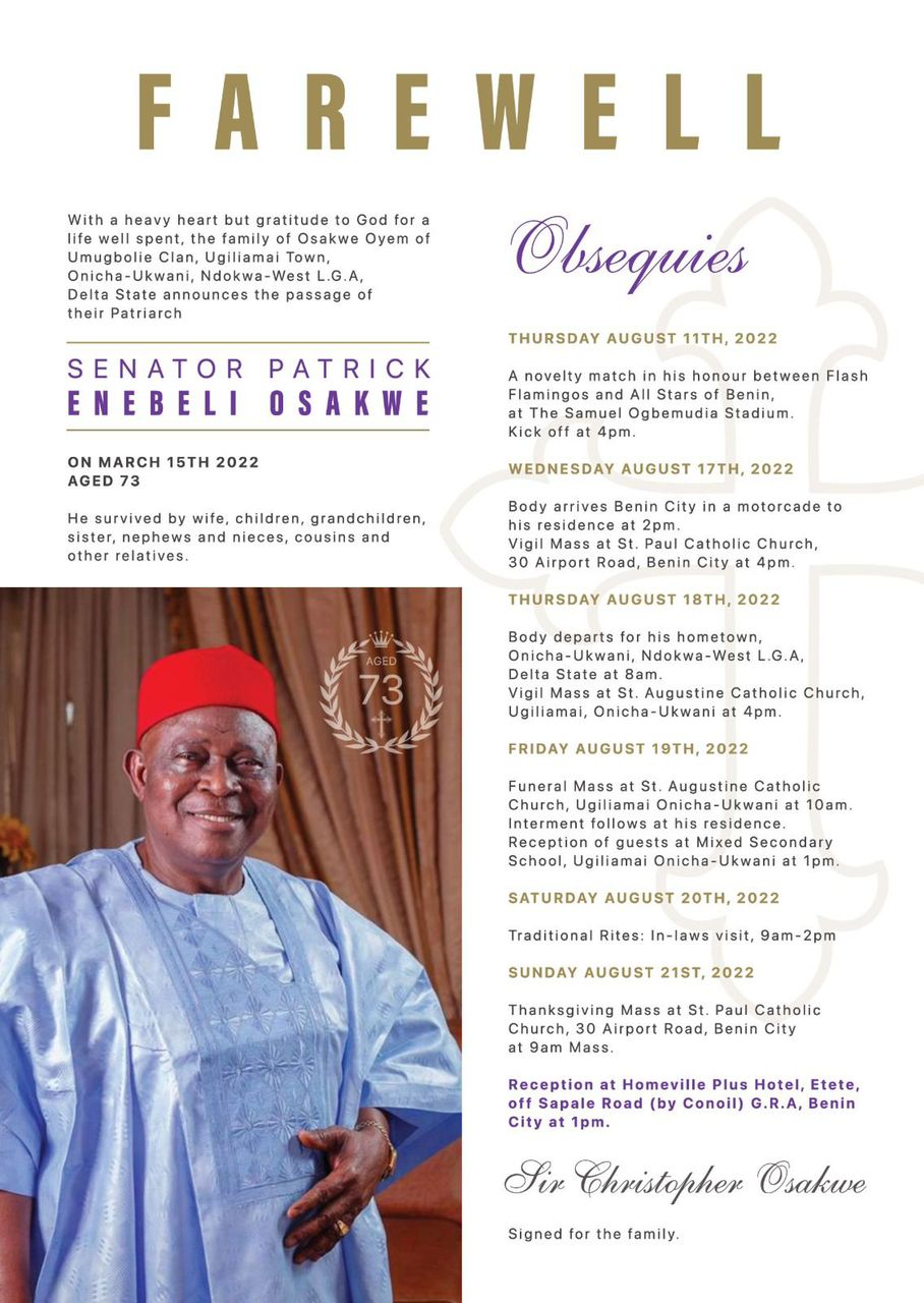 Family Release Osakwe's Burial Programme